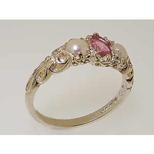 LetsBuyGold 925 Sterling Silver Natural Pink Tourmaline & Cultured Pearl Womens Anniversary Ring - Size 8.25