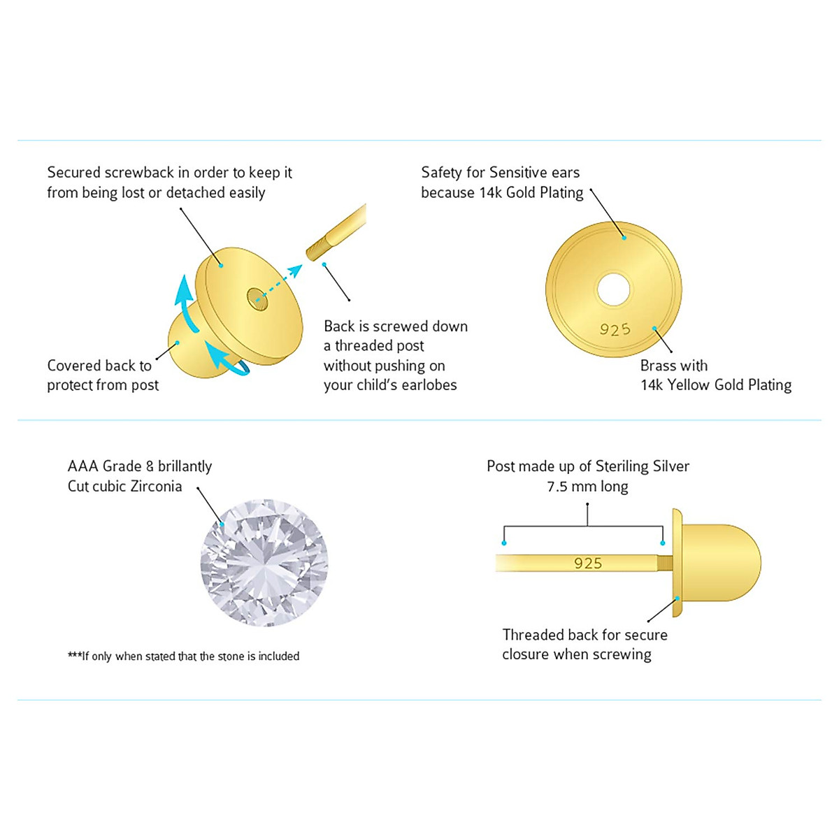 14k Gold Plated Brass Mouse Cubic Zirconia Screwback Baby Girls Earrings with Sterling Silver Post