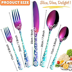 Vilihkc 20 piece Peony Flower Pattern Design Silverware Set, Stainless Steel Flatware Set Service for 4,Colorful Cutlery Set, Mirror Polished Utensil Set for Kitchen, Dishwasher Safe