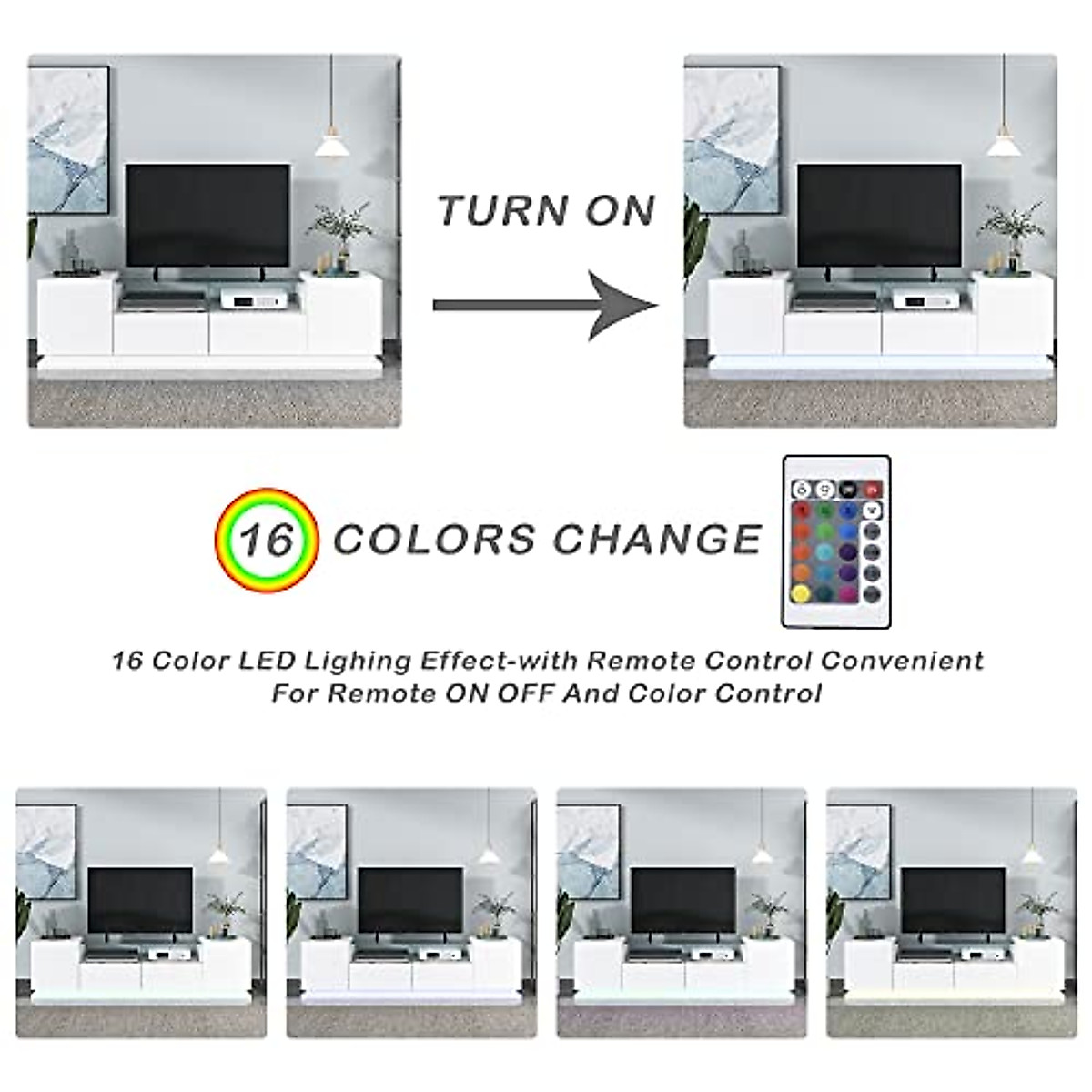 Harper & Bright Designs TV Stand with Tempered Glass, Modern High Gloss Entertainment Center for TVs Up to 70¡±, TV Cabinet with Storage and LED Color Changing Lights for Living Room, White