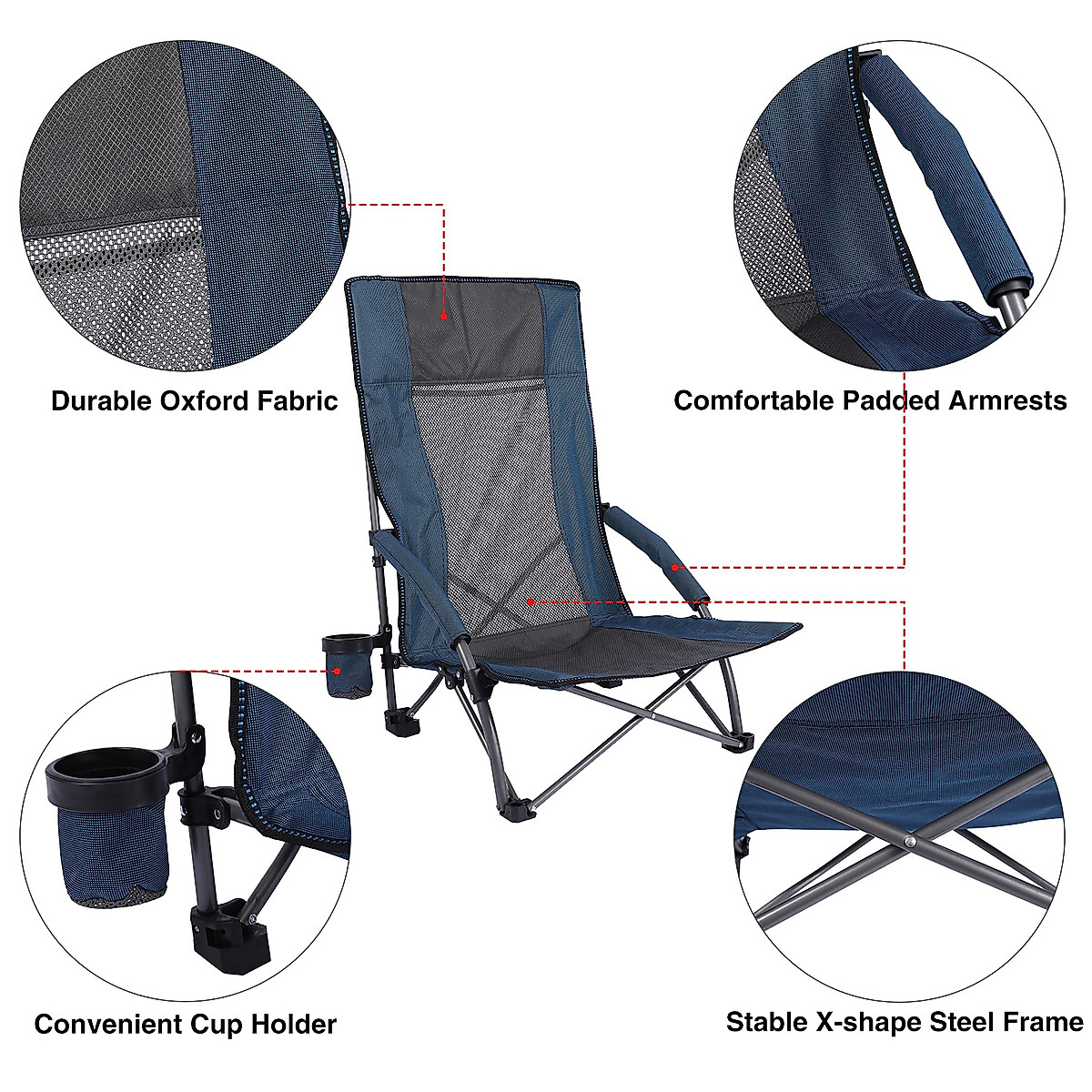 REDCAMP High Back Beach Chairs for Adults 2 Pack, Oversided Folding Low Beach Chairs for Concerts, Lightweight Portable for Camping Backpacking Outdoor Sports Events, Navy