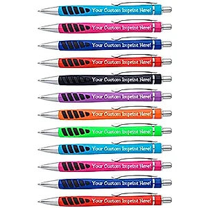 Express Pencils™ - Your Name or Imprint on our Custom Printed Addison Ballpoint Pen - Rubber Grip For Writing Comfort And Control, black ink, medium point - 12 Pack (Assorted)