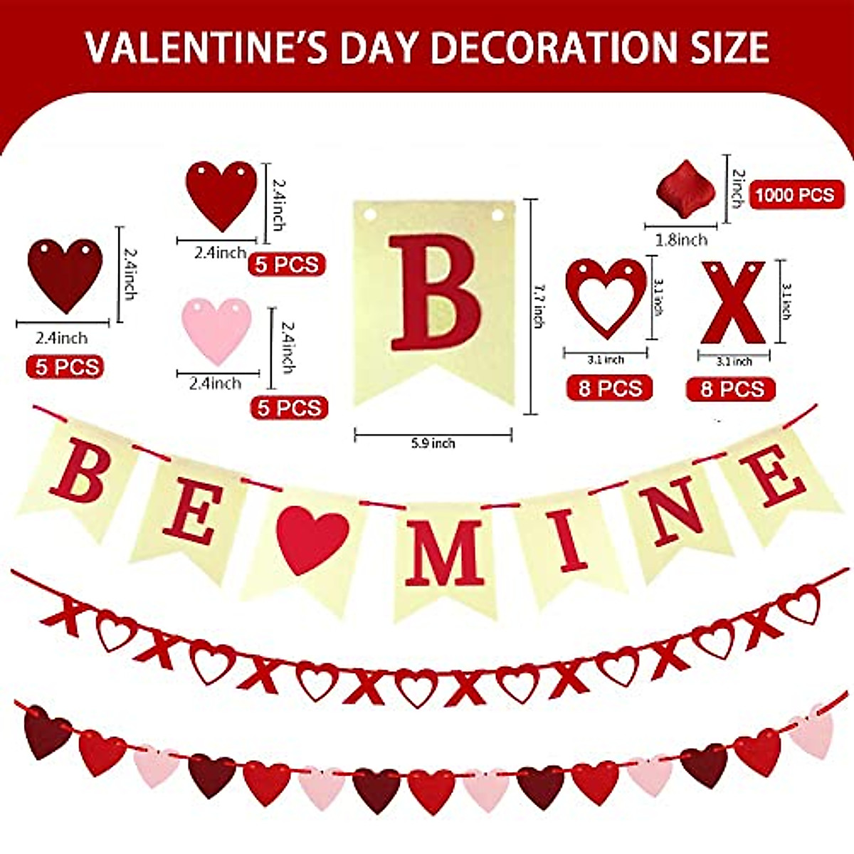 Valentine's Day Banner Set Felt BE MINE Love Heart XO Garlands Accessories&1000 PCS Rose Petals Proposal Party Flag Romantic Decora Wedding/Home/Anniversary/Birthday Decoration Supplies