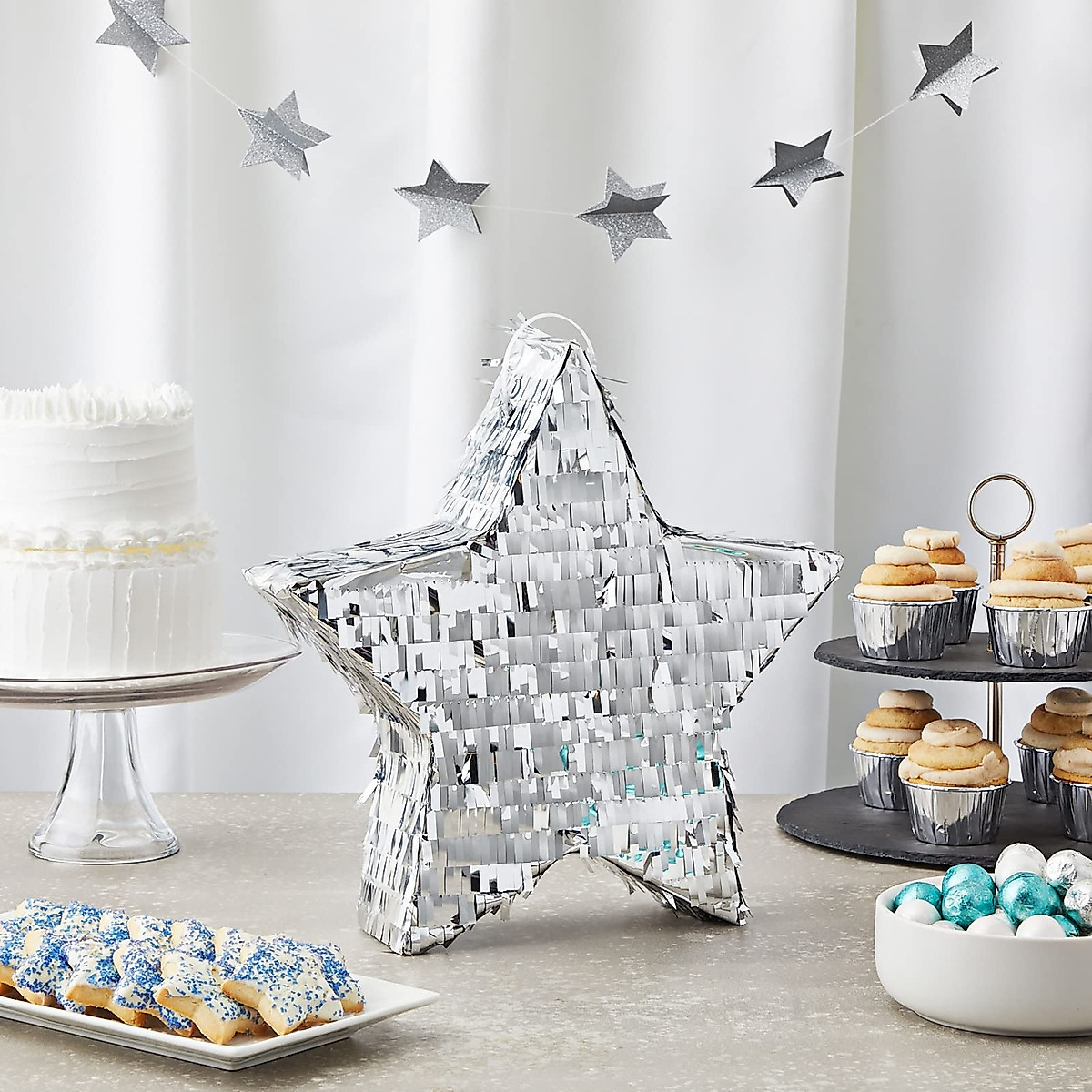Silver Foil Star Pinata for Kids Birthday, Twinkle Twinkle Little Star Gender Reveal Party Decorations (Small, 13 x 13 x 3 In)