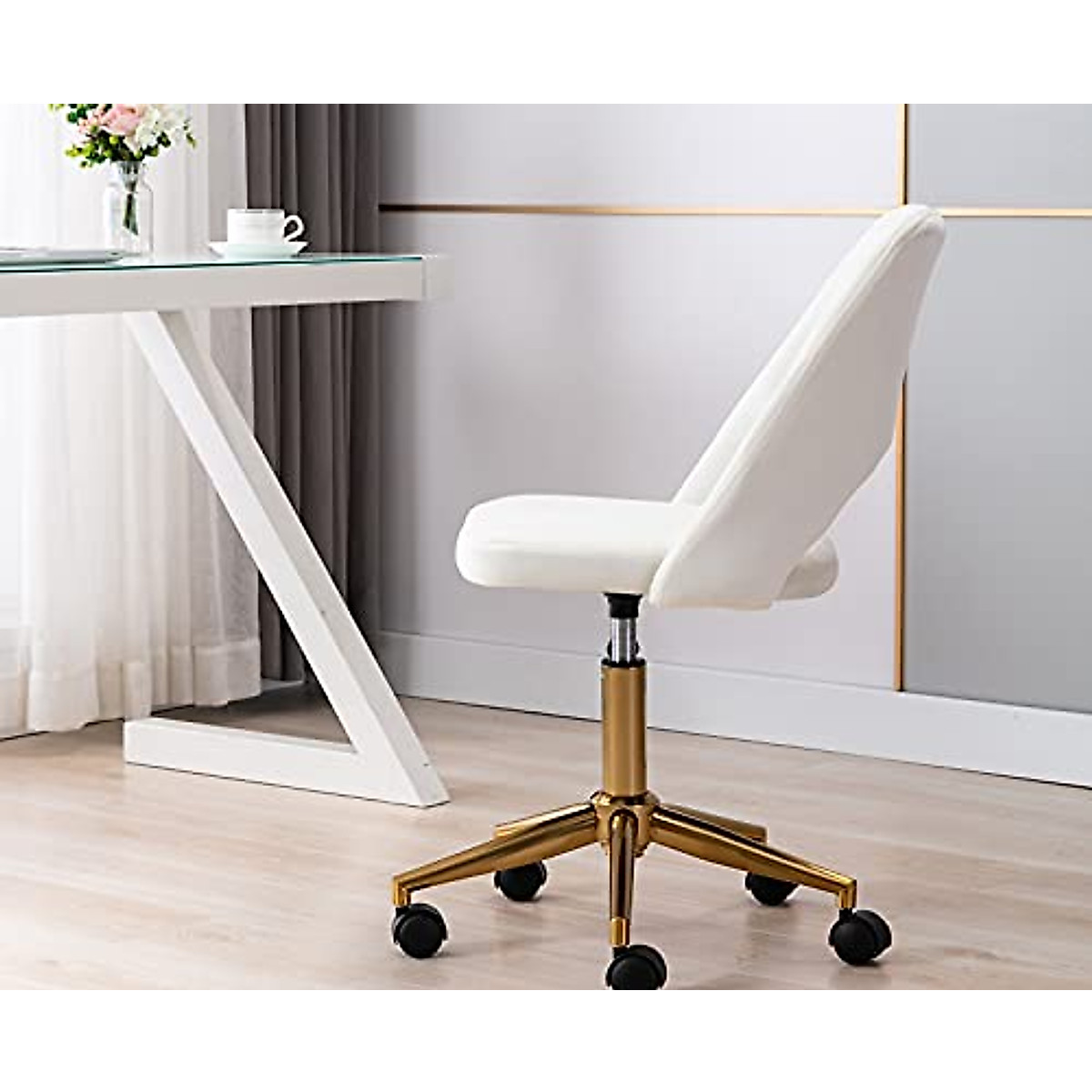 ZHENGHAO ZH4YOU Modern Armless Desk Chair Vanity Stool for Teen Girls, Hollow Back Task Chair Study Chair Sewing Chair with Gold Base for Home OfficeBedroomLiving Room (White)