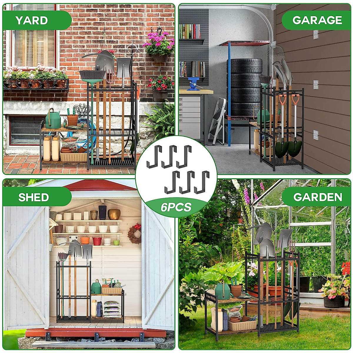 DAOUTIME Garage Tool Organizer with 2-tier Wooden Shelves, Yard Tool Organizer for Garage with 6 Hooks, Heavy duty Steel Garden Tool Rack Holds up to 35 Long Handled Yard tools for Storage, Black