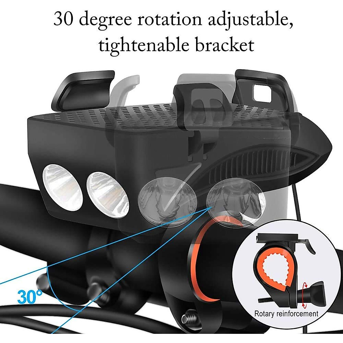 4-In-1 Bike Headlight, BessieSparks - Bicycle Horn, Phone Holder, USB Rechargeable Power Bank, Waterproof Adjustable Shock-Absorbing with LED Light & Horn, for 4 to 6.6 inches Phone