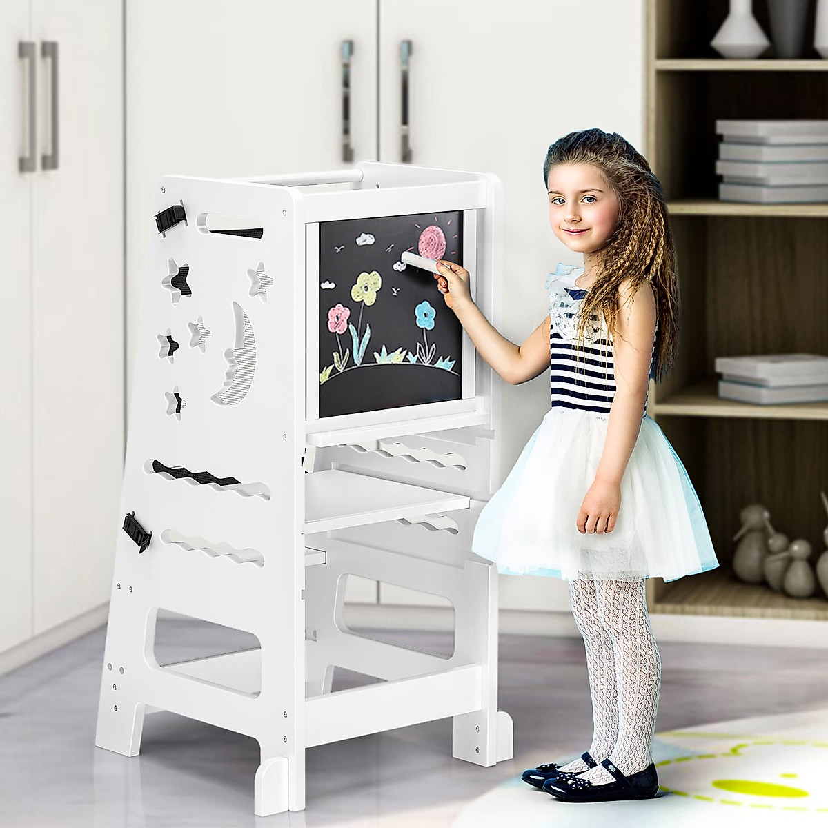 TOETOL Bamboo Toddler Kitchen Stool for Kids Step Stool - White Little Helper Tower Adjustable Height with Learning Black & White Activity Board1
