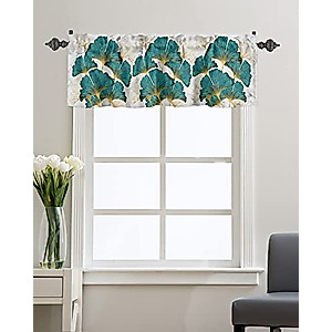 Teal Ginkgo Biloba Leaf White Marble Gold Stripes Valance Curtains for Kitchen Small Windows,Blackout Short Window Treatment Summer Leaves Rod Pocket Valance for Living Room Bedroom Decor,42"Wx12"L