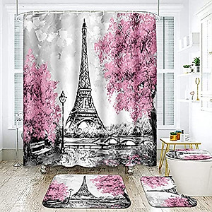 Britimes 4 Piece Shower Curtain Sets, Pink Ground Paris Eiffel Tower with Non-Slip Rugs, Toilet Lid Cover and Bath Mat, Durable and Waterproof, for Bathroom Decor Set, 72" x 72"