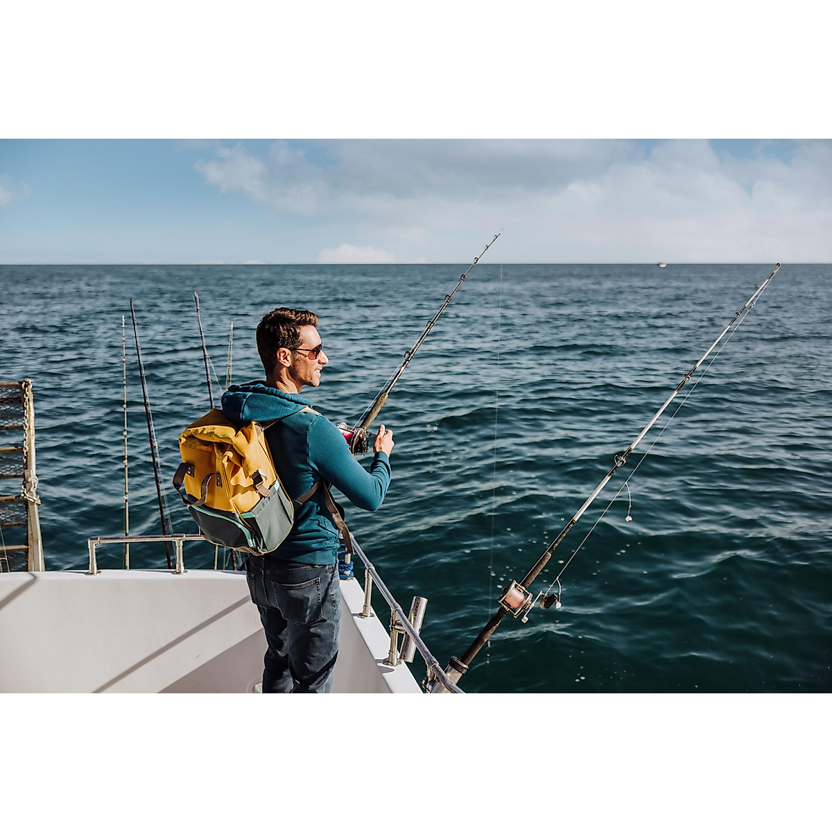 ONIVA - a Picnic Time brand - OTG Roll-Top Cooler Backpack - Hiking Backpack Cooler - Soft Cooler Bag, (Mustard Yellow with Gray & Blue Accents)