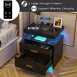 HNEBC Auto LED Nightstand with Wireless Charging Station & USB Ports,High Gloss Bedside Tables with 2 Drawers,Floating Nightstand with 3 Color & Adjustable Brightness Embedded LED Light
