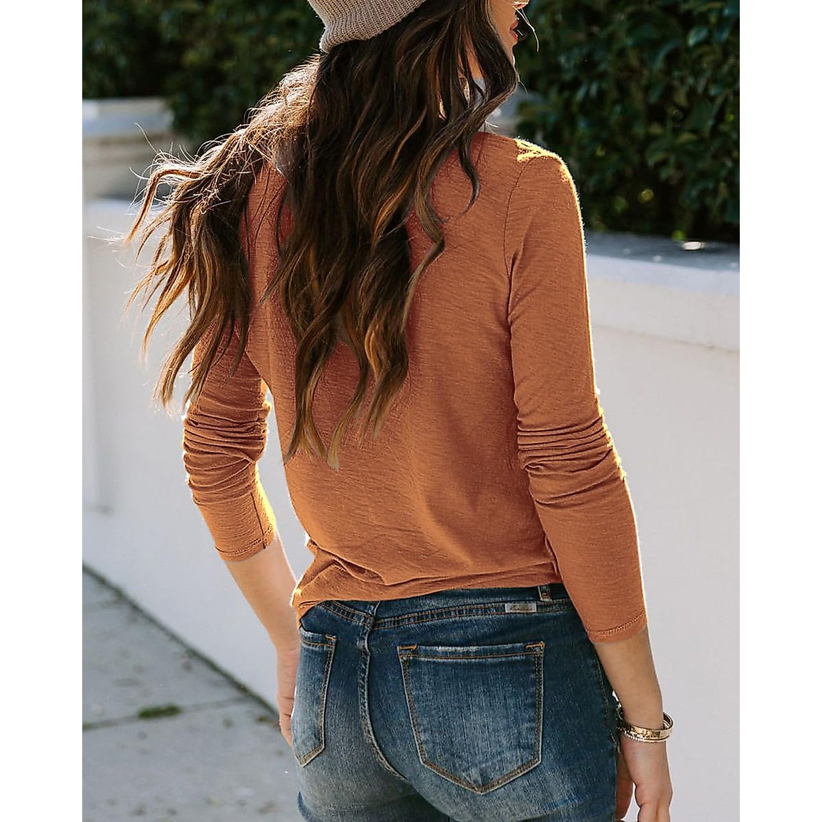 Sherosa Womens Long Sleeve Tops Dressy Casual Fall Crew Neck Solod Color Basic T-Shirts Burnt Orange,M