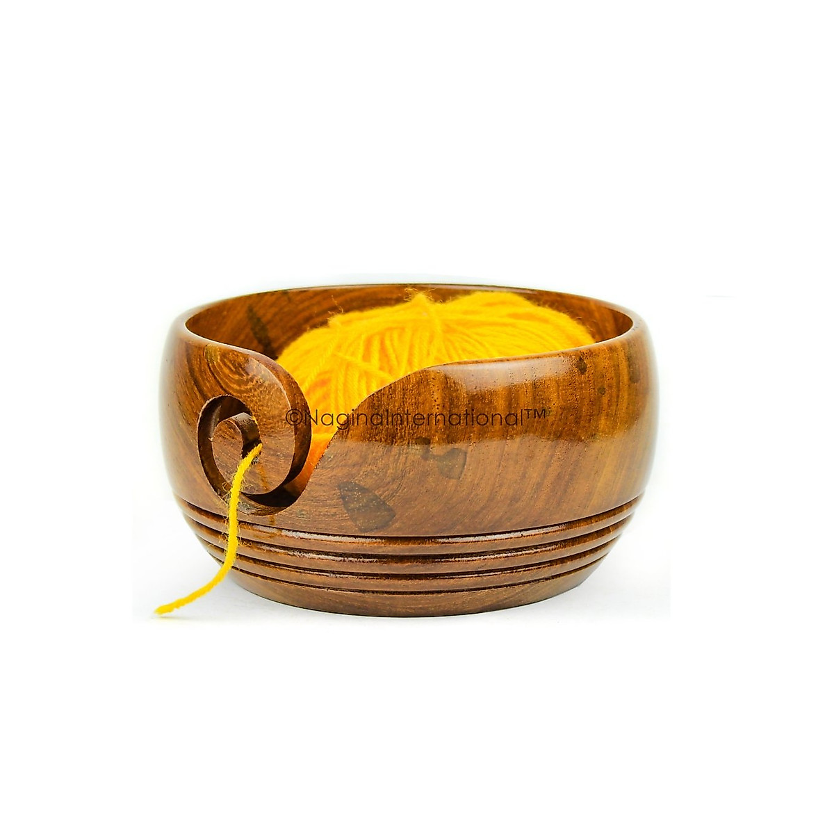 Solid Teak Wood Crafted Wooden Yarn Ball Storage Bowl with Spiral Yarn Dispenser & Decorative Rings | Knitting Crochet Accessories | Nagina International (Rosewood, Large)