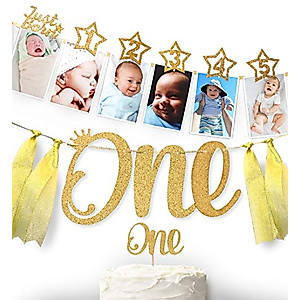 1st Birthday 12 months Photo Banner, Cake Topper, Highchair One Garland. Newborn to 1 Year old Monthly Milestone Picture, Baby Boy & Girl First Gold Decorations Party Supplies