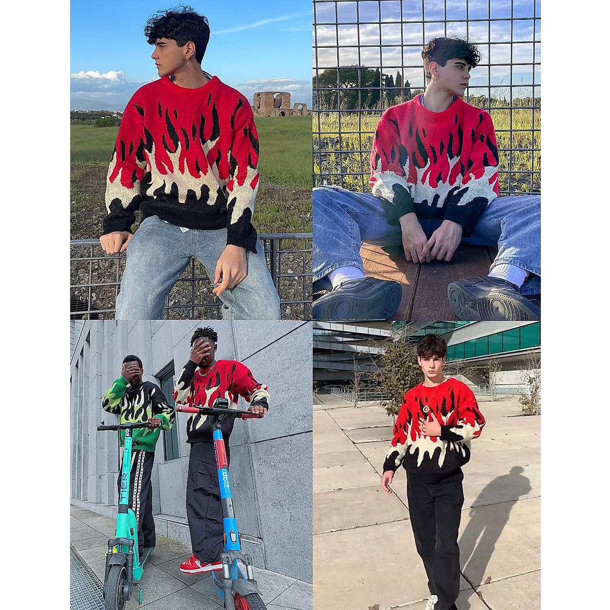 ZAFUL Men's Long-Sleeve Flame Graphic Y2K Aesthetic Crewneck Sweater Oversized Knit Jumper Pullover Wine Red XL