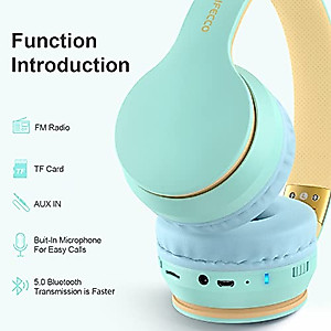I love e iFecco Wireless Bluetooth Headphones Over-Ear, Foldable HiFi Stereo Headset with Built-in Microphone and Soft Protein Earpads for Travel, Home, Office (SkyBlue)