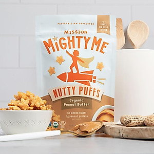 Mission Mighty Me Nutty Puffs Peanut Butter Puffs for Babies + Kids - Pediatrician Developed - USDA Organic, Plant-Based Protein, Gluten-Free Puffs Baby Snack - Peanut Flavor (1.5oz, 5-Pack)