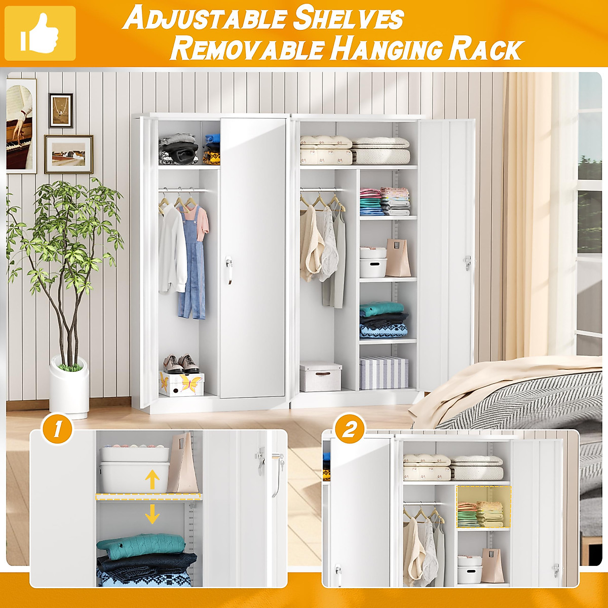 INTERGREAT 72”Tall Metal Wardrobe Cabinets with Lock,Clothing Storage Cabinets with Hanging Rod and 4 Adjustable Shelves，Closet for Home Living/Laundry Room/Department (White)