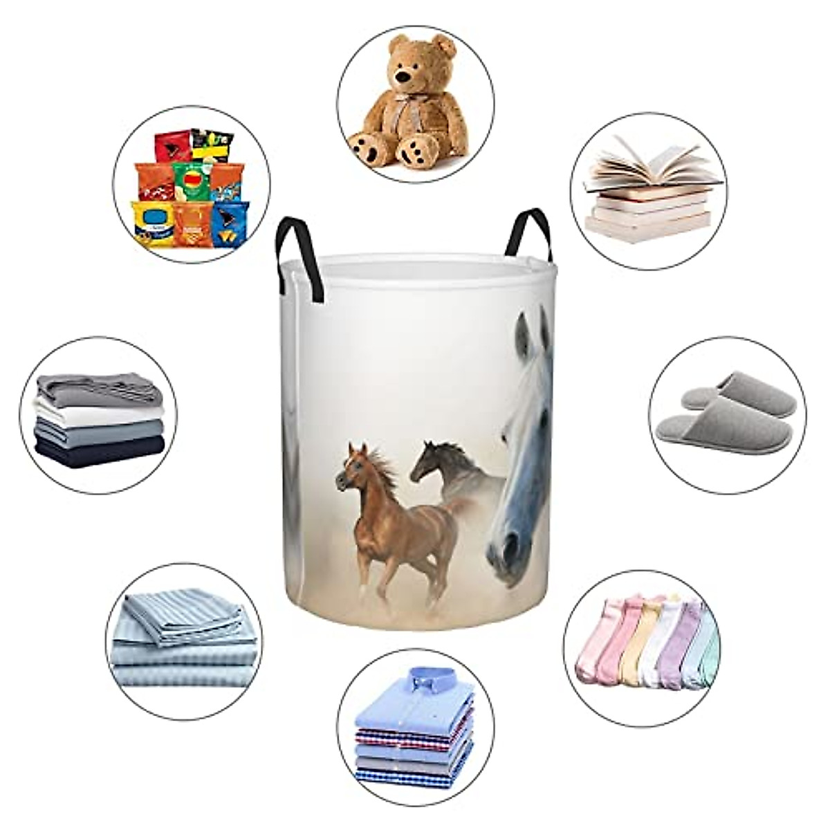 White Horse Running Horses Large Laundry Hamper With Handle Foldable Durable Laundry Basket Organizer Storage Bin Dirty Clothes Bag Hamper For Bedroom Nursery Bathroom