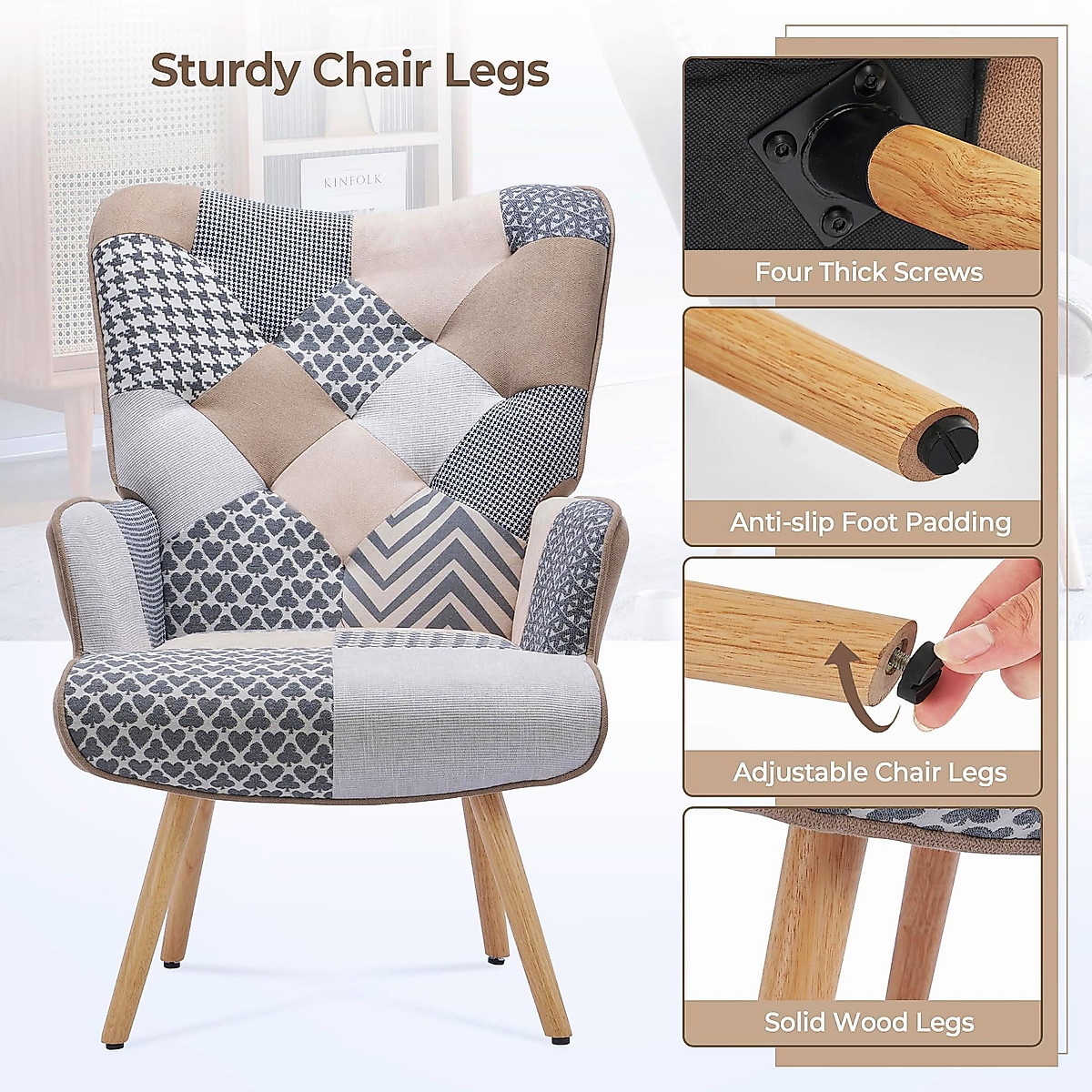 Bafode Accent Chair, Arm Chair for Living Room, Reading Chairs with High Back and Solid Wood Legs, Comfy Chairs for Bedroom, Boho Decor Patchwork Lounge Chair for Office or Balcony(Grey)