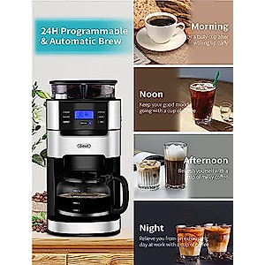 10-Cup Drip Coffee Maker, Brew Automatic Coffee Machine with Built-In Burr Coffee Grinder, Programmable Timer Mode and Keep Warm Plate, 1.5L Large Capacity Water Tank, Removable Filter Basket, 900W