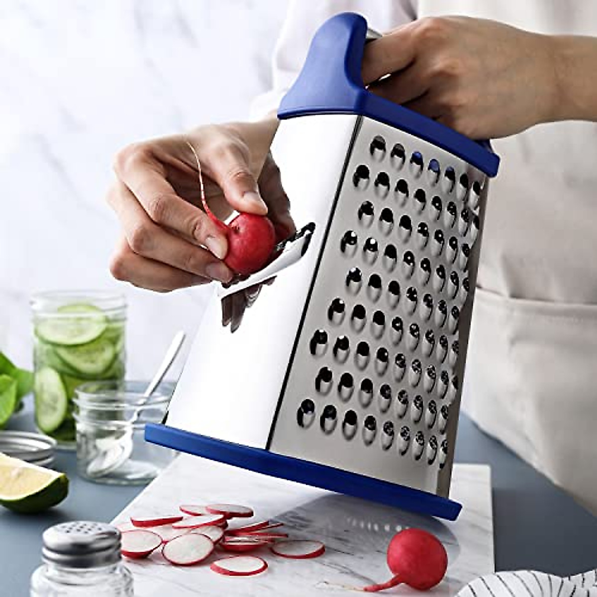 Professional Cheese Grater - Stainless Steel, XL Size, 4 Sides - Perfect Box Grater for Parmesan Cheese, Vegetables, Ginger - Dishwasher Safe - Sapphire