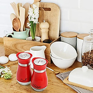 Tebery 4 Ounces Red Salt and Pepper Shakers Set, Elegant Stainless Steel with Glass Bottom