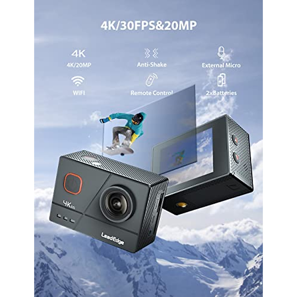 LeadEdge Action Camera 4K/30FPS 20MP EIS Anti-Shake External MIC WiFi 2.0 IPS HD Remote Control Diving 131ft Waterproof Helmet Underwater Cameras…