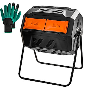 Hourleey Compost Bin Outdoor, 43 Gallon Dual Chamber Tumbling Composting Bin with Sliding Doors, Tumbler Rotating Batch Composter Bin for Garden Kitchen Yard