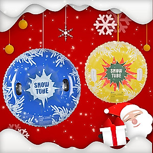 HIWENA Snow Tubes, Inflatable Snow Tubes for Family with 2 Higher Handles, Heavy Duty Snow Sled for Adults, and Snow Toy for Kids, 48 and 37 Inch Snowflake Snow Tubes (2 Pack)