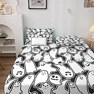 GEDAEUBA Ghost Sheets California King Size - Goth Bed Sheets for Kids Boys Girls, Black and White Sheet Set, Soft Microfiber & Deep Pocket & Wrinkle Free Fitted Sheet, Flat Sheet and Pillow Cases