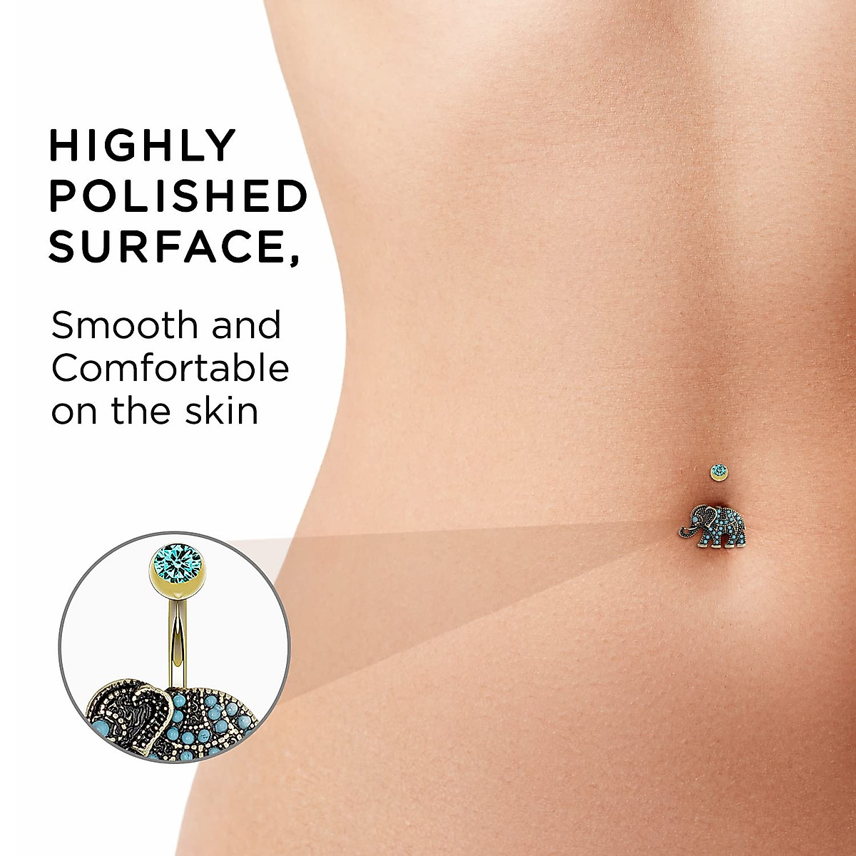 Pierce2GO Tribal Gold Elephant Belly Button Ring - 316L Surgical Grade Stainless-Steel Belly Button Rings Studded with Faux Blue Pearls - Belly Piercings Navel Ring for Women