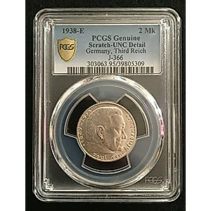 1938 E Rare Old WWII German War SILVER Coin 1938-E Germany 2 Mark PCGS UNC Details 2pf PCGS Fair