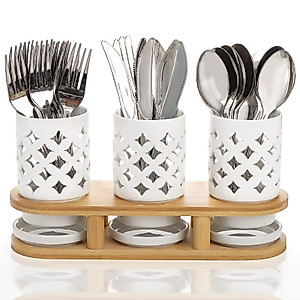Lawei 3 Pieces Ceramic Silverware Caddy with Bamboo Base, Flatware Caddy Cutlery Storage Organizer for Forks, Spoons, Knives, Utensil Holder Tool Crock with Drain Holes for Kitchen, Cabinet or Pantry