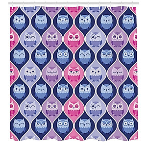 Ambesonne Owl Shower Curtain, Tired Eyes Closed Sleeping Owls Silent Flight Vertical Design Illustration, Cloth Fabric Bathroom Decor Set with Hooks, 69" W x 75" L, Pink Purple Blue