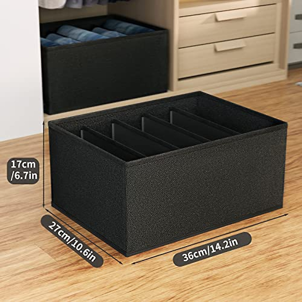 DIMJ Jeans Organizers, Wardrobe Clothes Organizer with 5 Cells, Foldable Drawer Organizers for Clothing, Fabric Closet Organizer for Clothes, Wardrobe, Drawer, 4 Packs (Black)