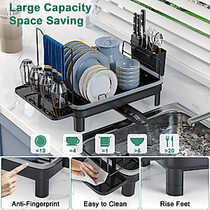 Junyuhomeline Dish Drying Rack, Space-Saving Dish Rack Rustproof Dish Drainers for Kitchen Counter with Drainboard Adjustable Swivel Spout, Utensil Holder and Rack for Cups & Dish Cloth, Black