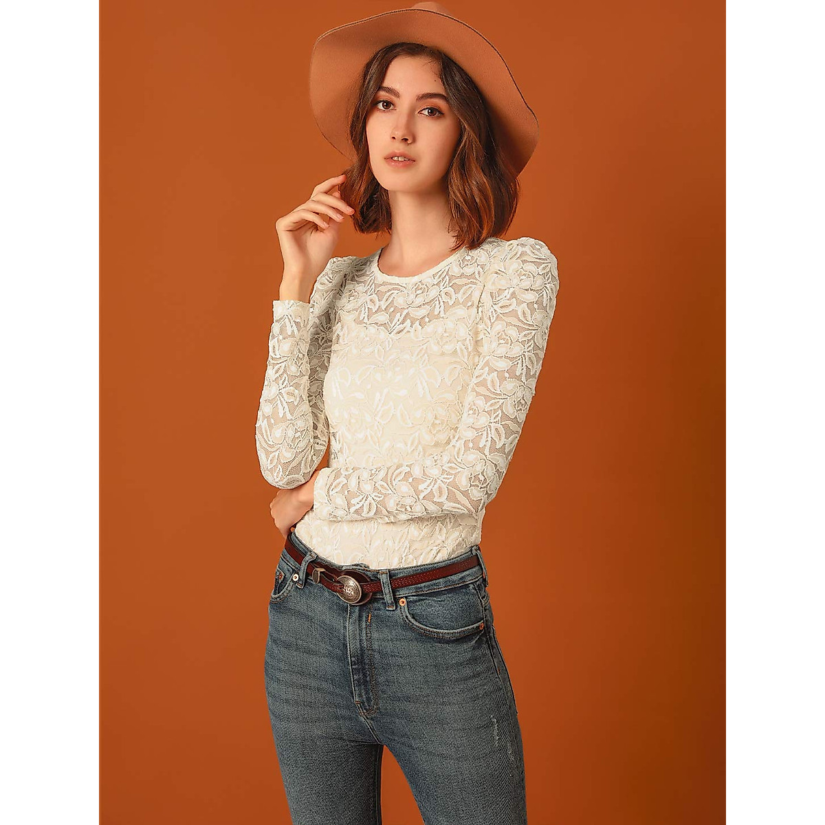 Allegra K Women's Long Sleeve Lace Top Mesh Sheer Fitted Elegant Blouse X-Large Beige