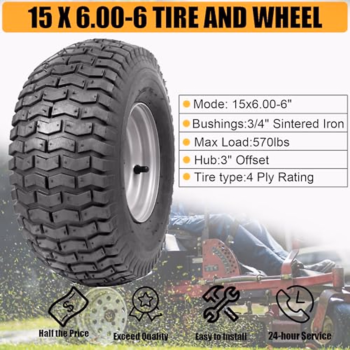 15x6.00-6 lawn mower tires,4 Ply Tubeless Front Tire Assembly Replacement for Craftsman Mower,570lbs Capacity,3"offset hub,3/4"Bushing, for More Lawn &Garden Riding Mower (2 Pack)