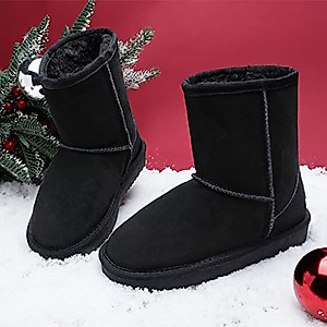 DREAM PAIRS Girls Boys Boots Kids Faux Fur Lined Winter Mid Calf Snow Boots Shorty-K Black Size 2 Little Kid