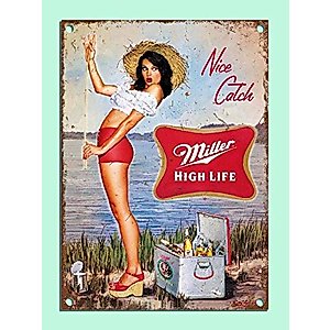 Jesiceny New Tin Sign Retro Style Miller Beer Girl Fishing Bar Den Aluminum Metal Sign 8x12 INCH