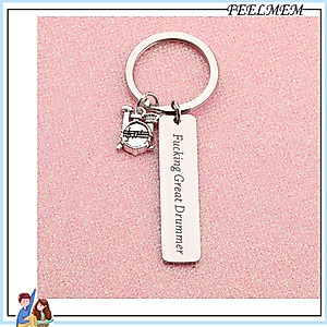 FEELMEM Drummer Gift Jewelry Fucking Great Drummer Keychain Percussion Jewelry Drum Player Band Gifts Drum Kit Gifts Musician Gift (Silver)