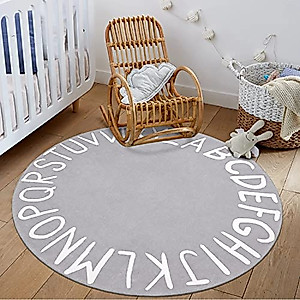 LIVEBOX Round ABC Kids Rug for Boy and Girl,Circle Washable Area Rug Non-Slip Crawling Play Mat for Playroom,Alphabet Nursery Area Rug Circular Learning Carpet for Bedroom (47",Grey)
