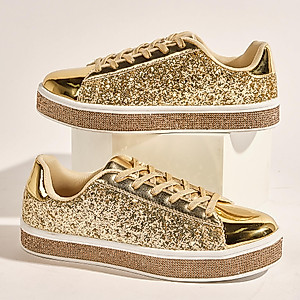 UUBARIS Women's Glitter Tennis Sneakers Neon Dressy Sparkly Sneakers Rhinestone Bling Wedding Bridal Shoes Shiny Sequin Shoes Gold Size 11