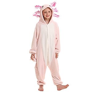 DELEY Unisex Pink Axolotl Onesie Kid Pajamas, Flannel Animal One Piece Costume Sleepwear Halloween Cosplay Homewear