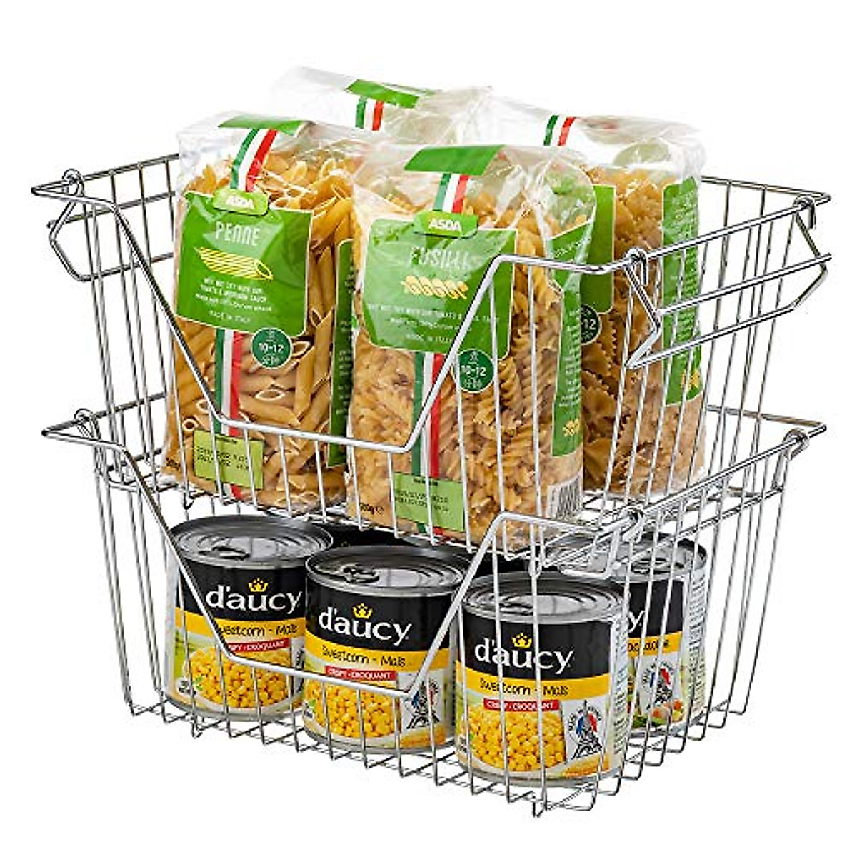 Slideep 12.2'' Large Stackable Storage Baskets Cabinet Organizer Sturdy Metal Wire Pantry Freezer Bin for Pantry Home Bathroom Kitchen Organization 2 Packs