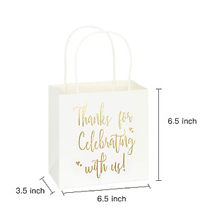 LaRibbons Small Size Gift Bags - Gold Foil Thanks for celebrating with us White Paper Bags with Handles for Wedding, Birthday, Baby Shower, Party Favors - 12 Pack - 6.5" x 3.5" x 6.5"