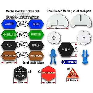 LITKO Mecha Combat Token Set Compatible with Battletech Classic, Multi-Color | Core Breach | Torso Twist | Shut DOwn | Destroyed