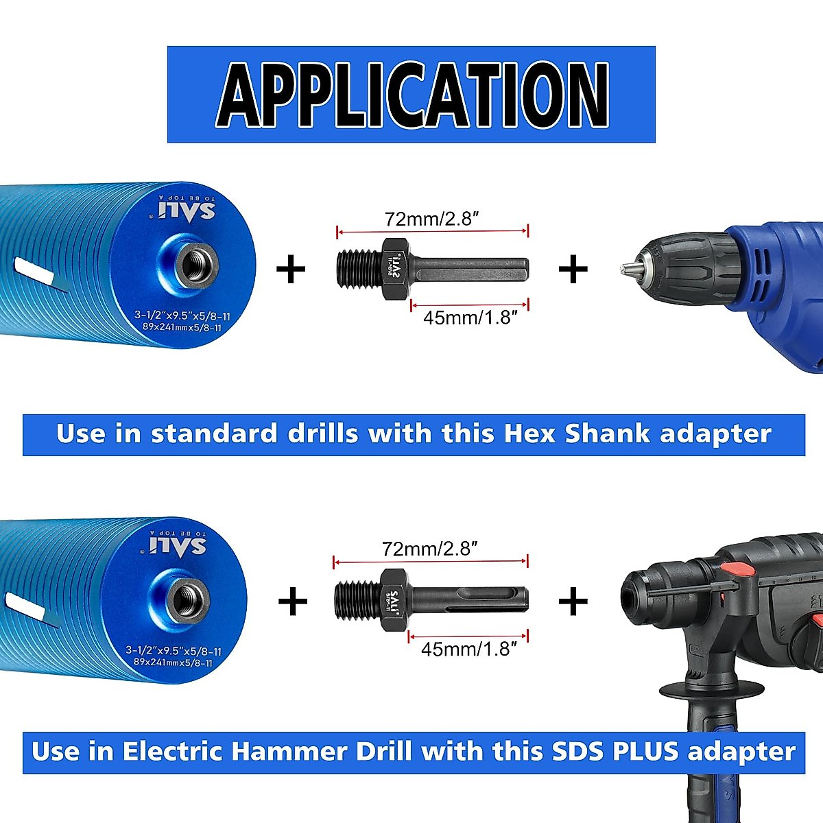 SALI Diamond Core Drill Bits 2" Diameter 10"/254mm Drilling Depth 5/8-11" Thread Core Bit Turbo Laser-Welded Segments for Cured Concrete with Rebar, Brick, Block, Masonry, Stone with Two Adapters